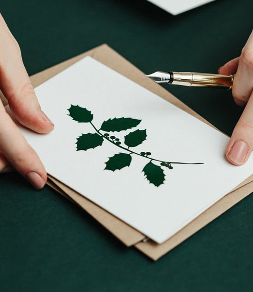 Foil Blocked Holly Card - Green On Ivory | Campbell Cole